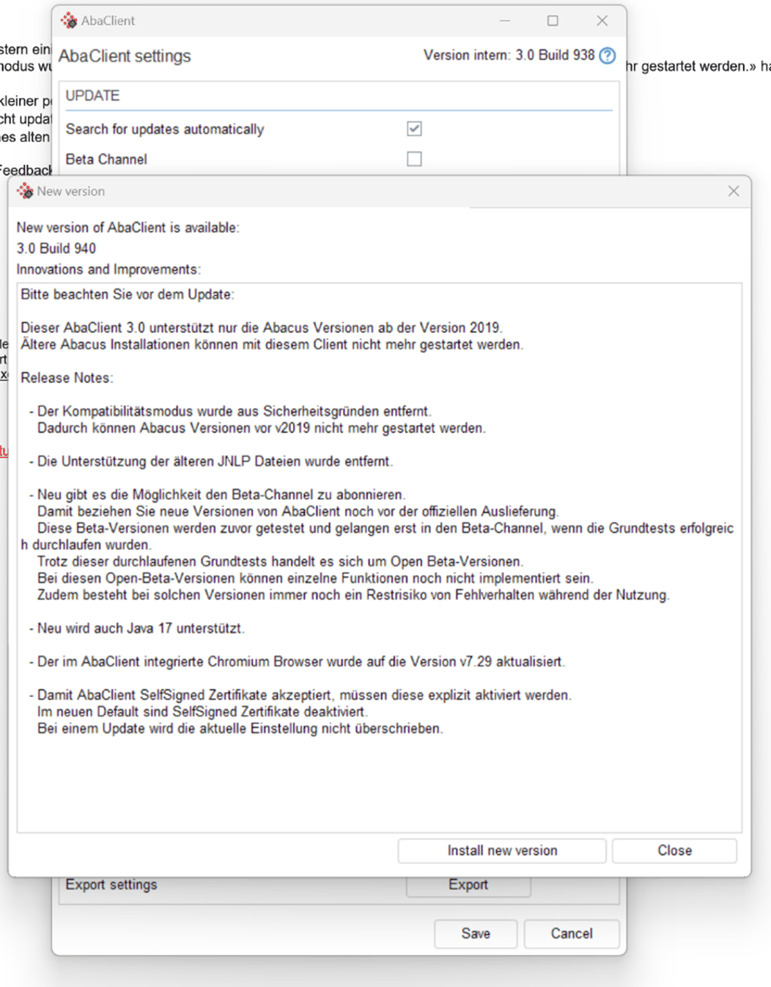 Wichtige Information zum AbaClient - Abacus Version 2018 und älter
