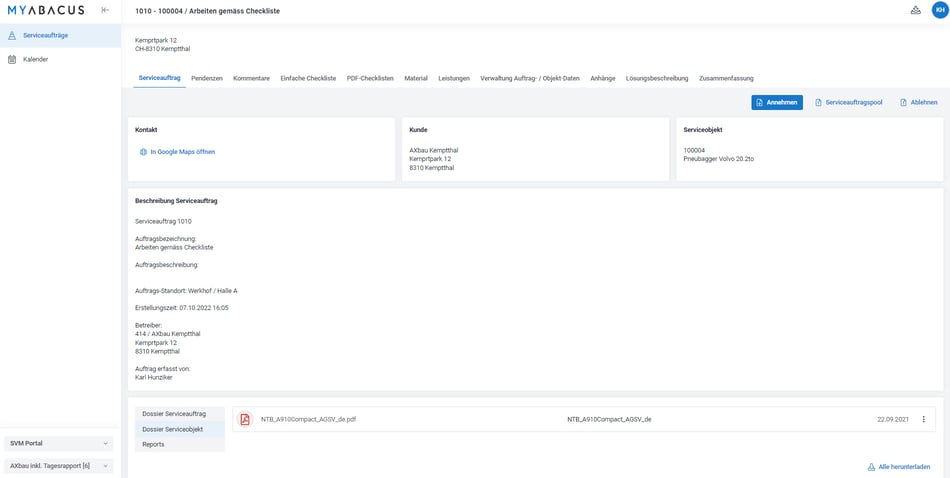 Ein Serviceauftrag mobil abwickeln via MyAbacus-Portal
